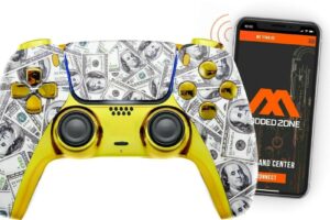 moddedzone custom rapid fire, anti recoil, macros modded wireless controller for ps5 & pc - unique smart mods for ps5 controller controlled by the app. best for fps games. enhanced gaming experience (gold money)