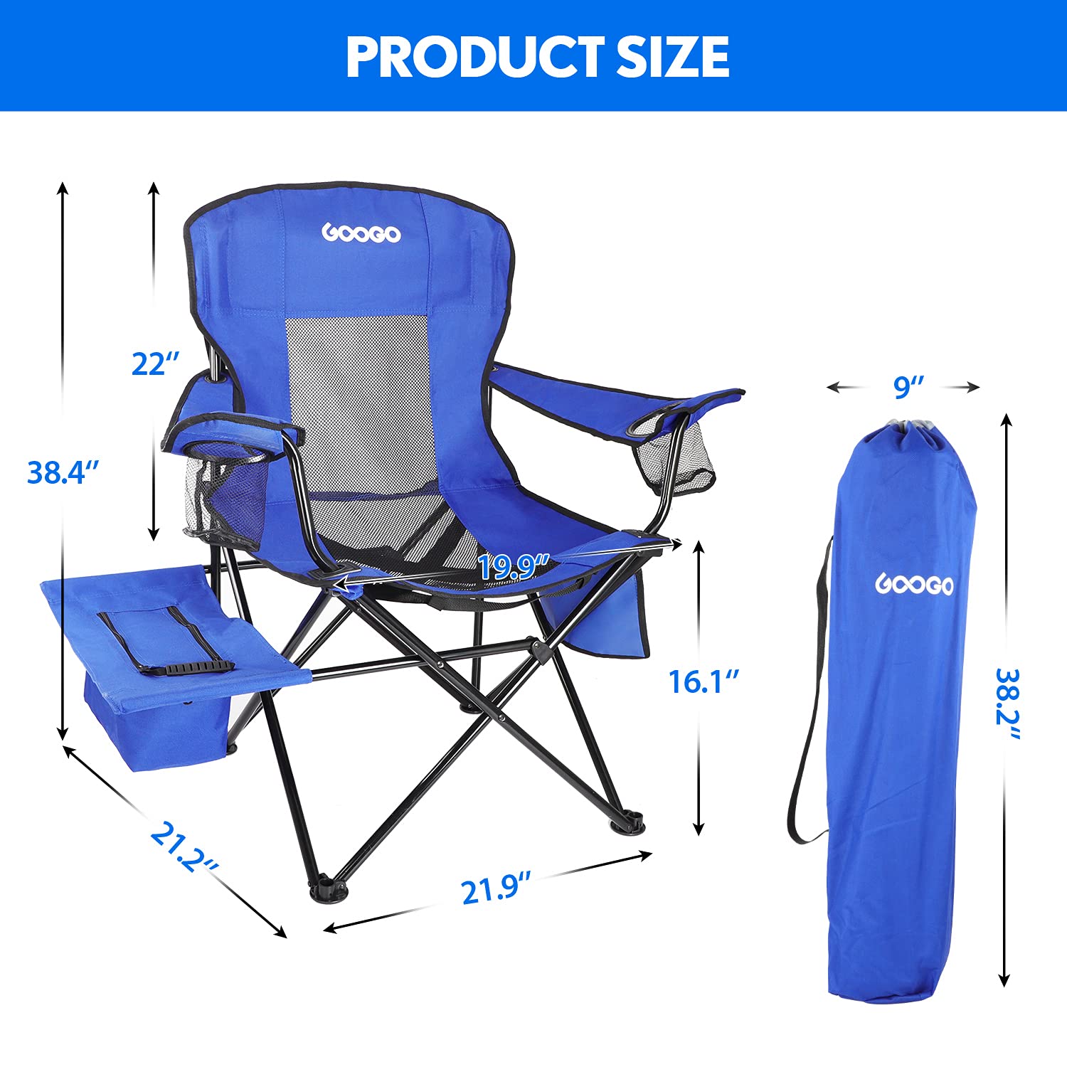 GOOGO Camping Chair Folding, Oversized Portable Lightweight Chair with Cooler, Cup Holder, Mesh Back Seat, Supports 300lbs, Collapsible Compact Chair with Carry Bag & Strap for Outdoor, Camp, Hiking