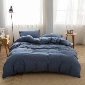 face two face bedding duvet cover set 3 pieces 100% washed cotton duvet cover linen like textured breathable durable soft comfy (california king, denim)