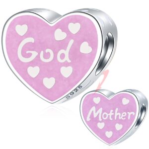 pink enamel god mother heart charms, fits pandora mom bracelet, 925 sterling silver godmother motherly love goddaughter beads, gift for christmas/godmom/thanksgiving/daughter