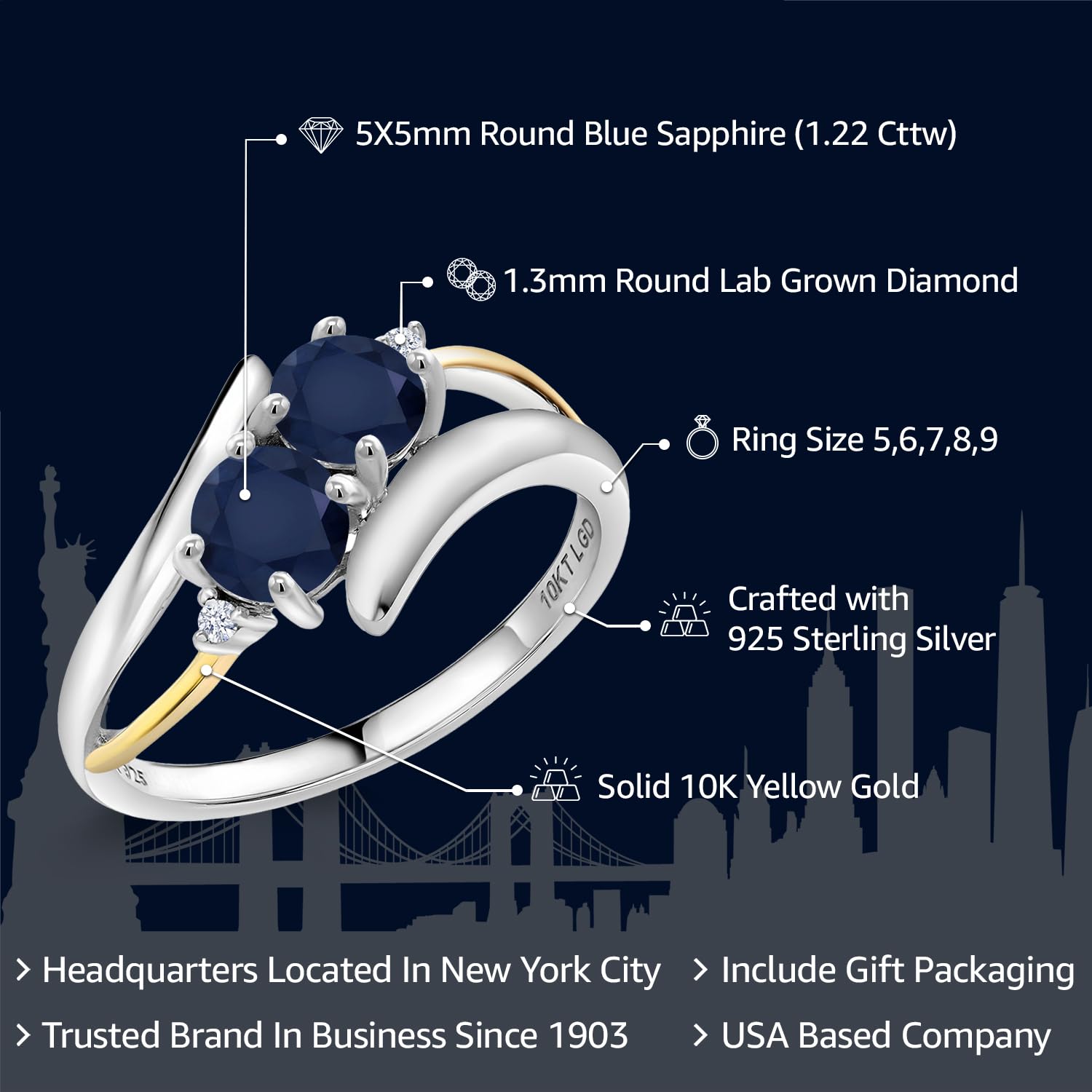 Gem Stone King 925 Sterling Silver and 10K Yellow Gold Round Blue Sapphire and White Lab Grown Diamond 2 Stone Crossover Women Ring (1.22 Cttw, Gemstone Birthstone, Available In Size 5, 6, 7, 8, 9)