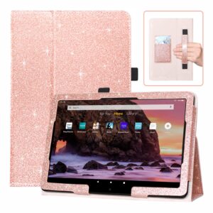 dmluna case for all-new amazon fire hd 10 & 10 plus tablet (13th / 11th generation, 2023/2021 release) 10.1", slim cover with folding stand, auto wake/sleep, hand strap, card slot - glitter rose