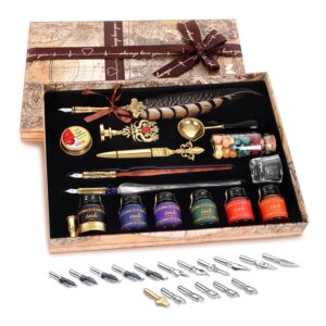 nc quill pen ink set,includes quill pen,wooden and glass dip pen,6 bottles ink,8 letter paper,1 envelope,17 replaceable nibs,1 bottle of fire lacquer wax,spoon,seal stamp,candle,pen holder, cup.