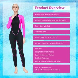 HIGI Flexel Full Wetsuit for Women,2mm Womens Wet Wuit Long Sleeve Swimsuits for Women in Cold Water Thermal Surfing Wetsuit Women Snorkeling Suit Scuba Swimsuit for Women black with pink, Large