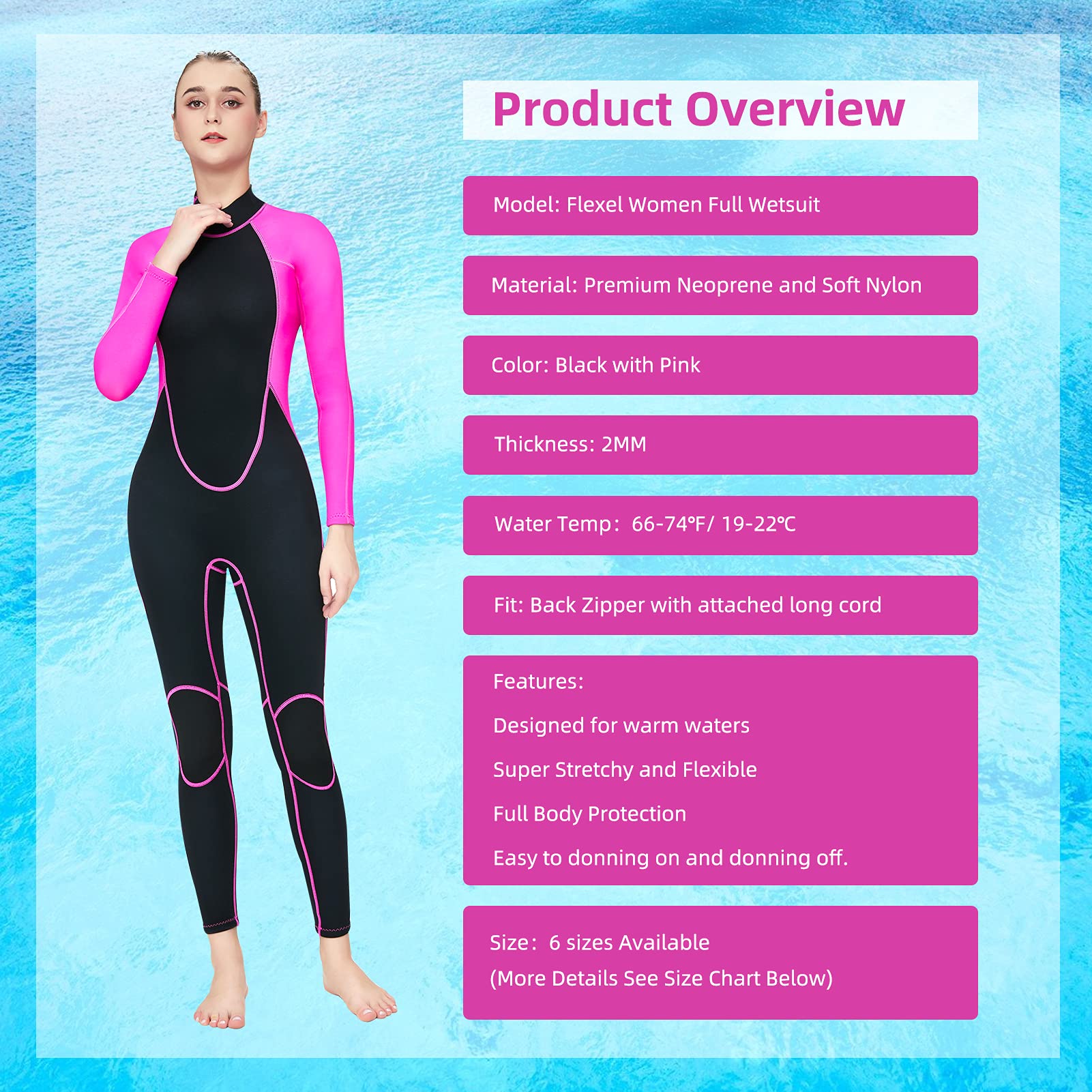 HIGI Flexel Full Wetsuit for Women,2mm Womens Wet Wuit Long Sleeve Swimsuits for Women in Cold Water Thermal Surfing Wetsuit Women Snorkeling Suit Scuba Swimsuit for Women black with pink, Large