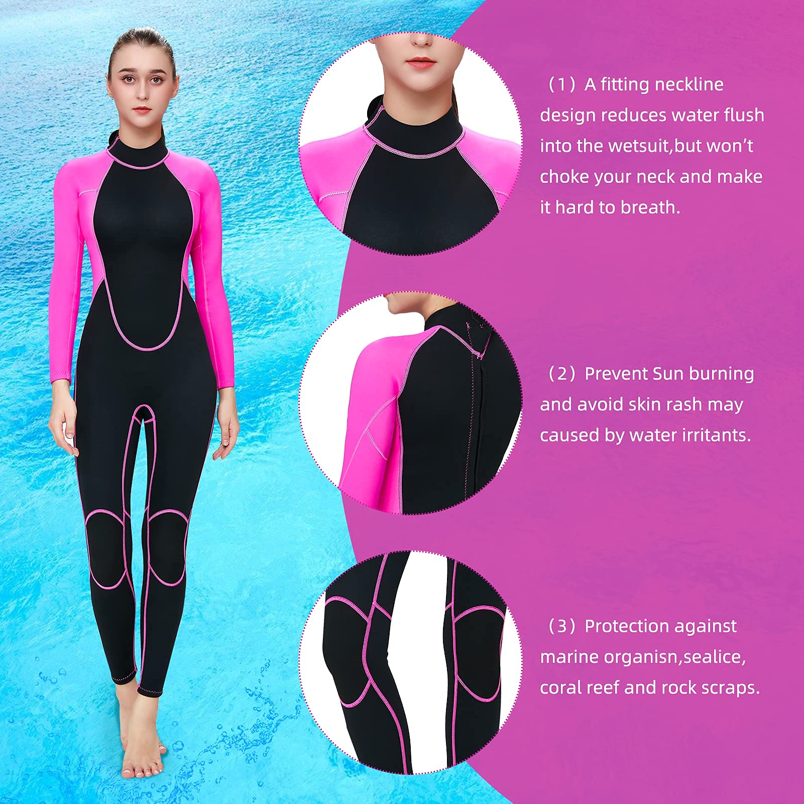 HIGI Flexel Full Wetsuit for Women,2mm Womens Wet Wuit Long Sleeve Swimsuits for Women in Cold Water Thermal Surfing Wetsuit Women Snorkeling Suit Scuba Swimsuit for Women black with pink, Large