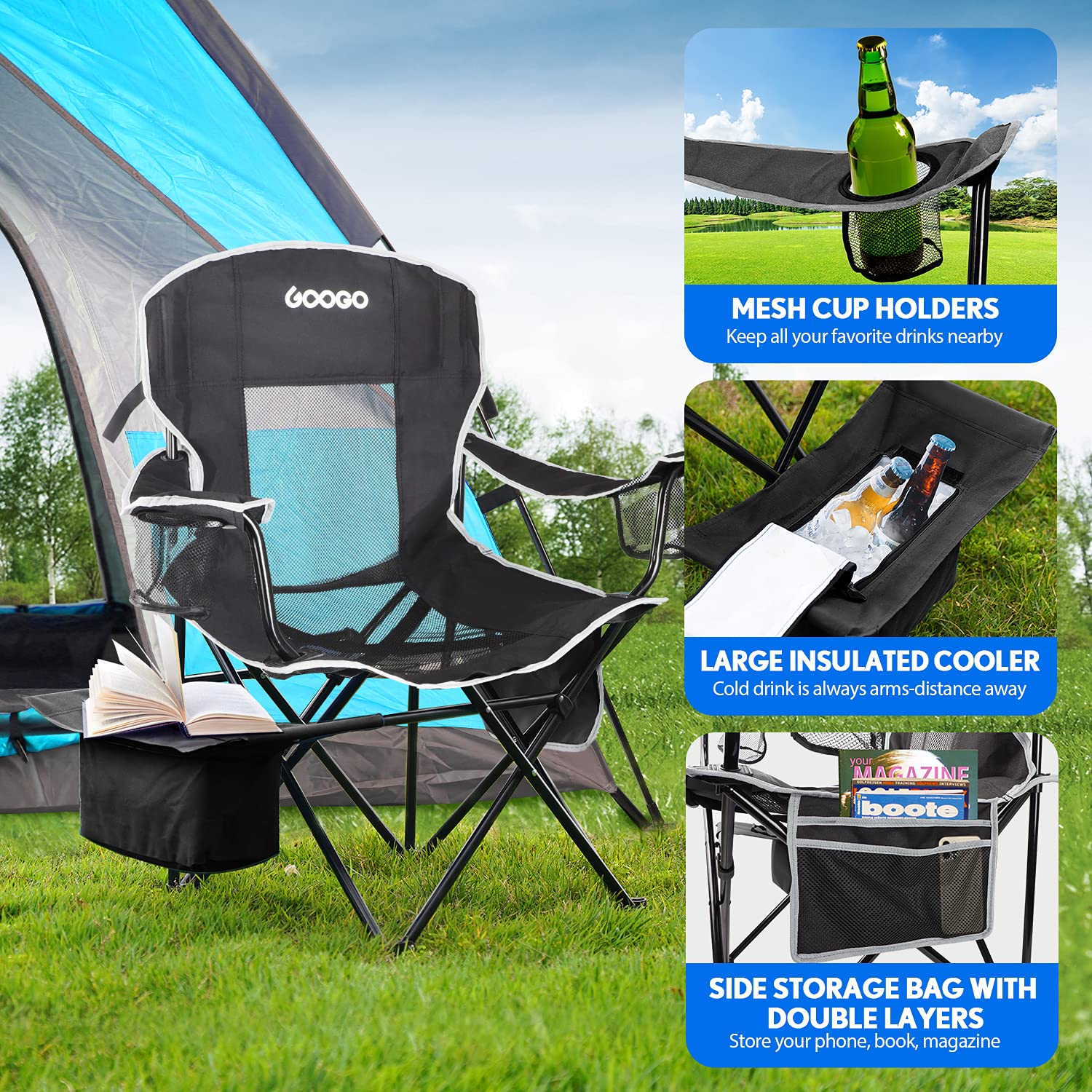 GOOGO Camping Chair Folding, Oversize Portable Lightweight Chair with Cooler, Cup Holder, Mesh Back Seat, Supports 300lbs, Collapsible Compact Chair with Carry Bag & Strap for Outdoor, Camp, Hiking