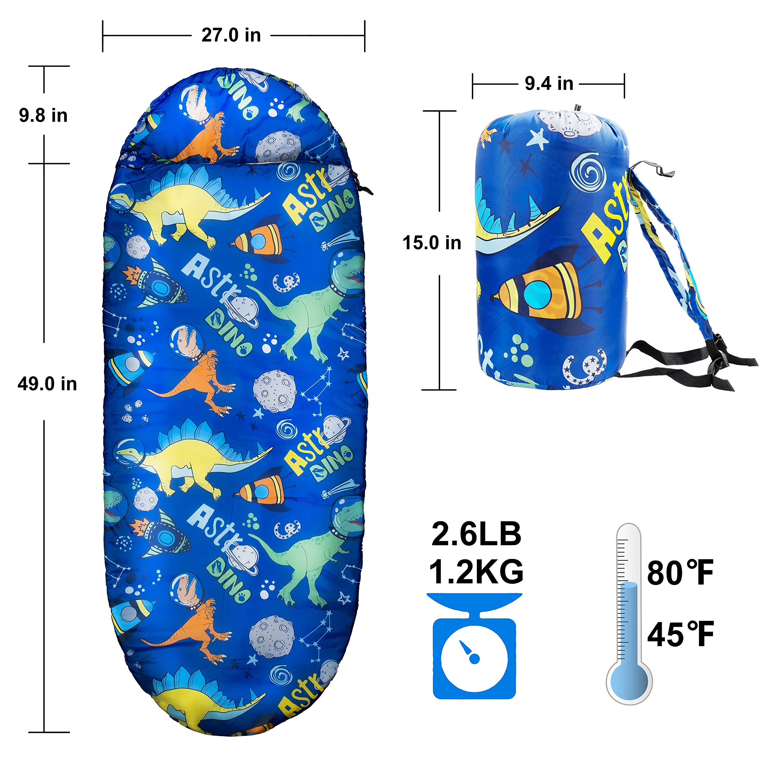 Kids Sleeping Bags for Boys – Astro Dino – Rioyalo YOLO 45 Camping Sleeping Bags for Kids with Carry Bag - Outdoor and Indoor (Space Dinosaur)