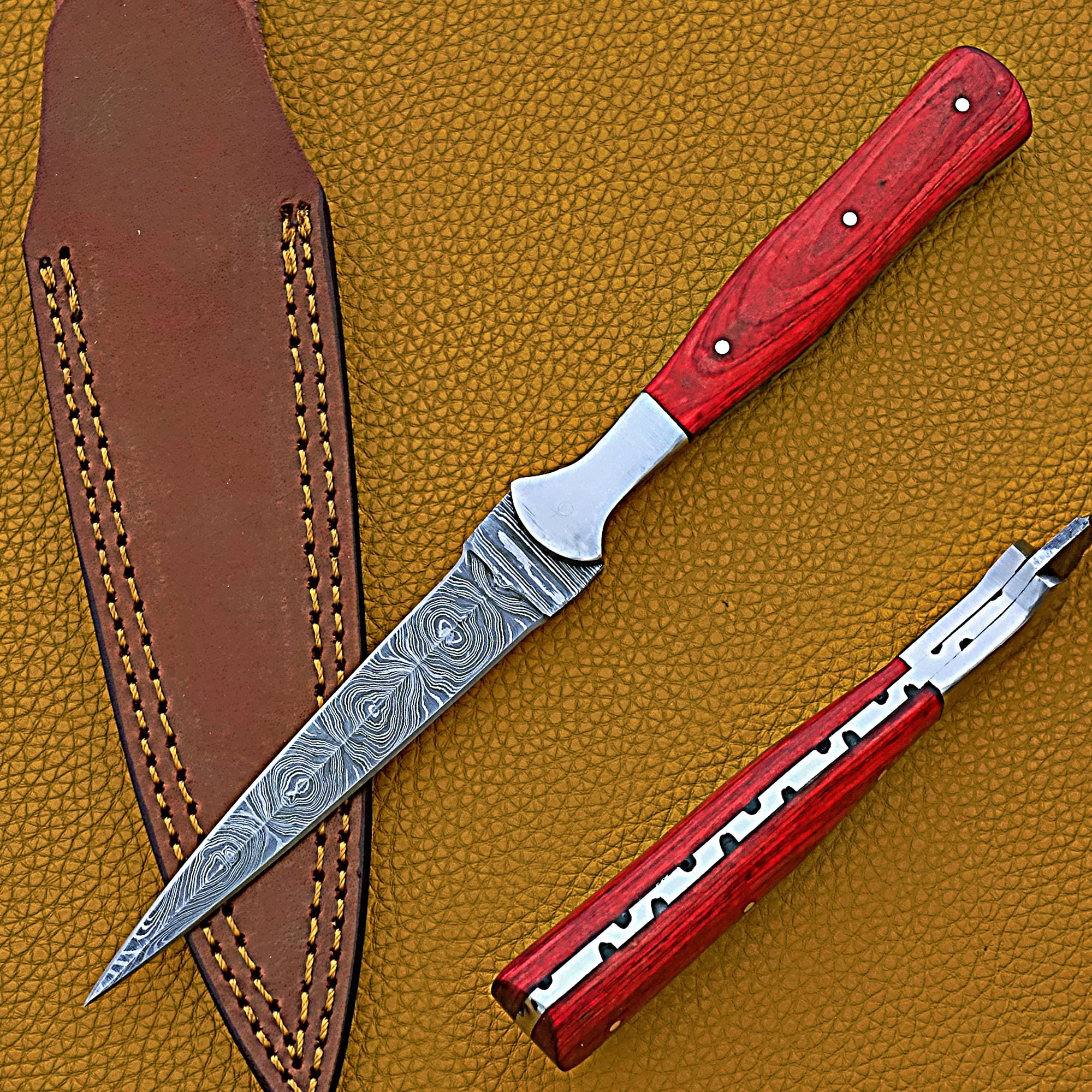 Smart and Sharp Custom Handmade Damascus Steel Hunting Knife / Skinning Knife SS-17400 (Red colored wood) (Red Wood)