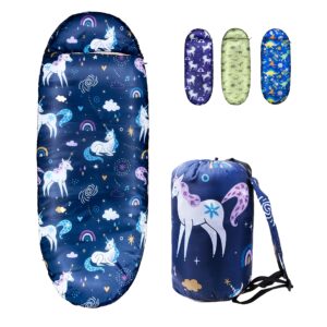 kids sleeping bags for girls – unicorn rainbow space navy – rioyalo yolo 45 camping sleeping bags for kids with carry bag - outdoor and indoor (unicorn-nv)