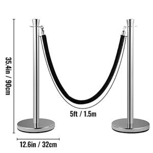 VEVOR Velvet Ropes and Posts 2 Pcs, 5 ft Black Velvet Rope, Stanchion Post, Crowd Control Barriers Silver Stanchions, Red Carpet Poles, Crowd Control Ropes and Poles for Party Supplies