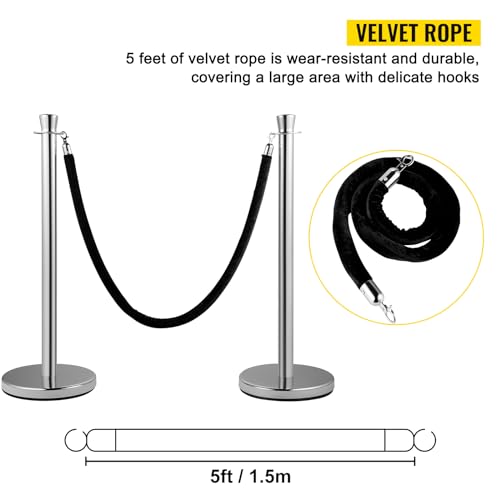 VEVOR Velvet Ropes and Posts 2 Pcs, 5 ft Black Velvet Rope, Stanchion Post, Crowd Control Barriers Silver Stanchions, Red Carpet Poles, Crowd Control Ropes and Poles for Party Supplies