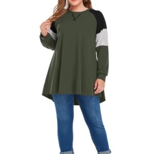 JollieLovin Crewneck Lightweight Sweatshirts for Women Plus Size Color Block Pullover Tops Long Sleeve Raglan Shirt ArmyGreen 3X