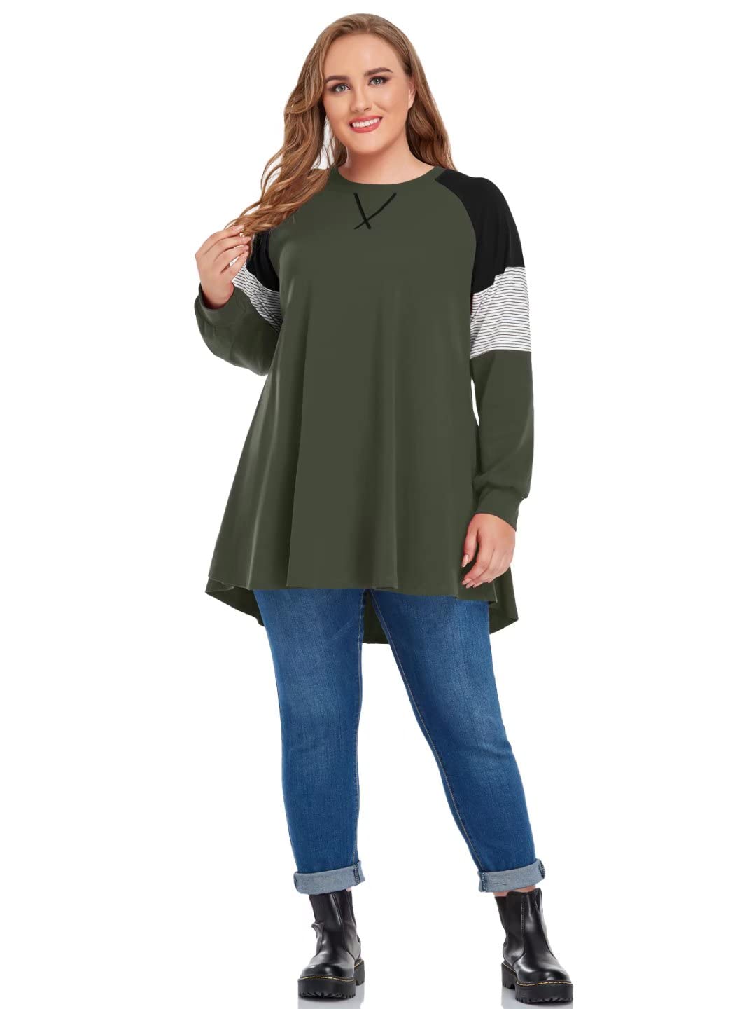 JollieLovin Crewneck Lightweight Sweatshirts for Women Plus Size Color Block Pullover Tops Long Sleeve Raglan Shirt ArmyGreen 3X