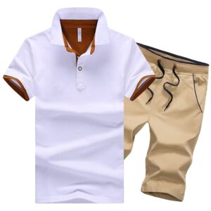 masbono sports suit men's pure cotton short-sleeved lapel polo shirt & summer casual solid color fifth pants two-piece set (white&brown&khaki, 3x-large)