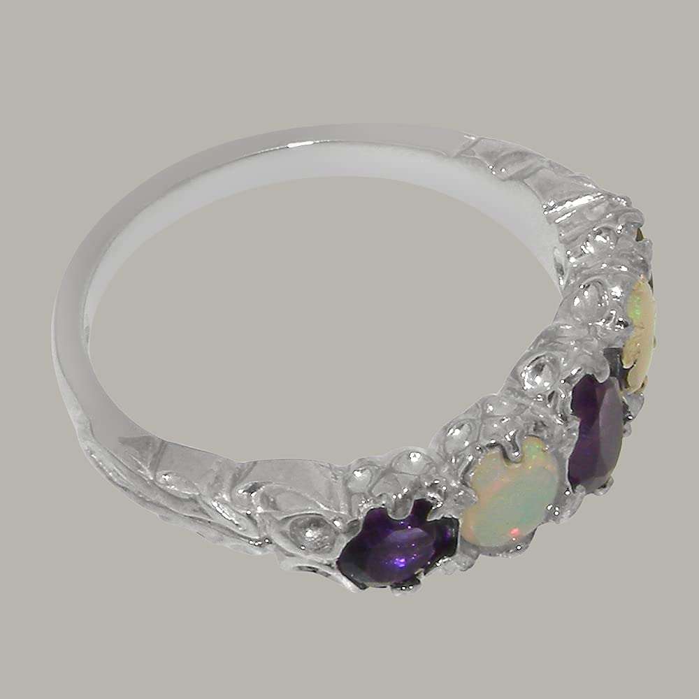 LBG 925 Sterling Silver Natural Amethyst & Opal Womens Band Ring - Size 12