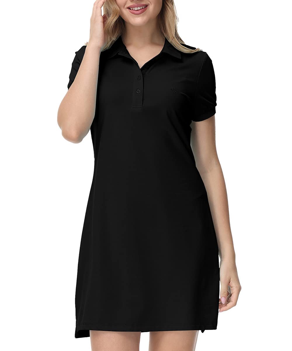 JINSHI Women’s Golf Dress Quick Dry Short Sleeve Polo Dress Tennis/Workout/Sport Dress Black Medium