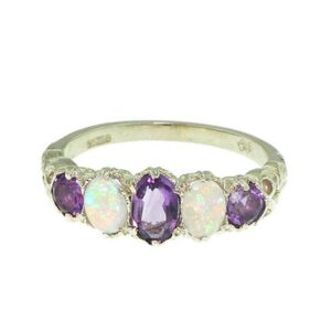 lbg 925 sterling silver natural amethyst & opal womens band ring - size 12