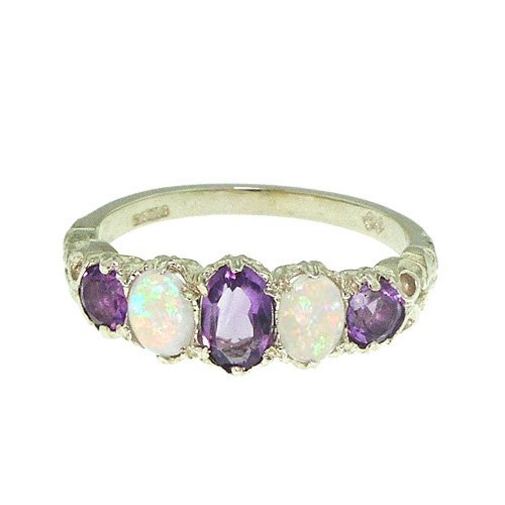 LBG 925 Sterling Silver Natural Amethyst & Opal Womens Band Ring - Size 12