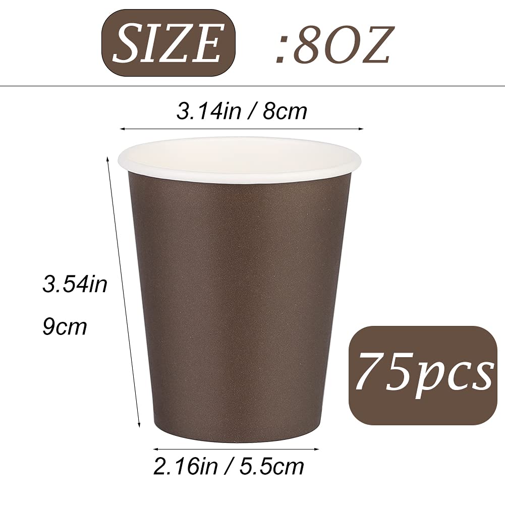 BALDCC 75 Packs of Brown Paper Hot Cups, 8 oz Disposable Paper Cups, Hot Coffee Cups, Beverage Cups, Suitable for Offices, Home Kitchens, Coffee Shops（Brown）