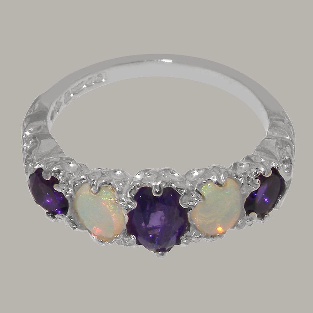 LBG 925 Sterling Silver Natural Amethyst & Opal Womens Band Ring - Size 12