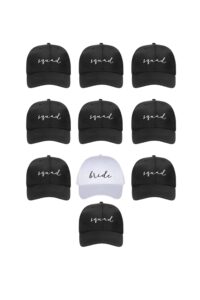 pop fizz designs bachelorette hats ( 10 pack) 1 white bride hat | 9 black squad hats i bride tribe baseball caps i bachelorette party favors