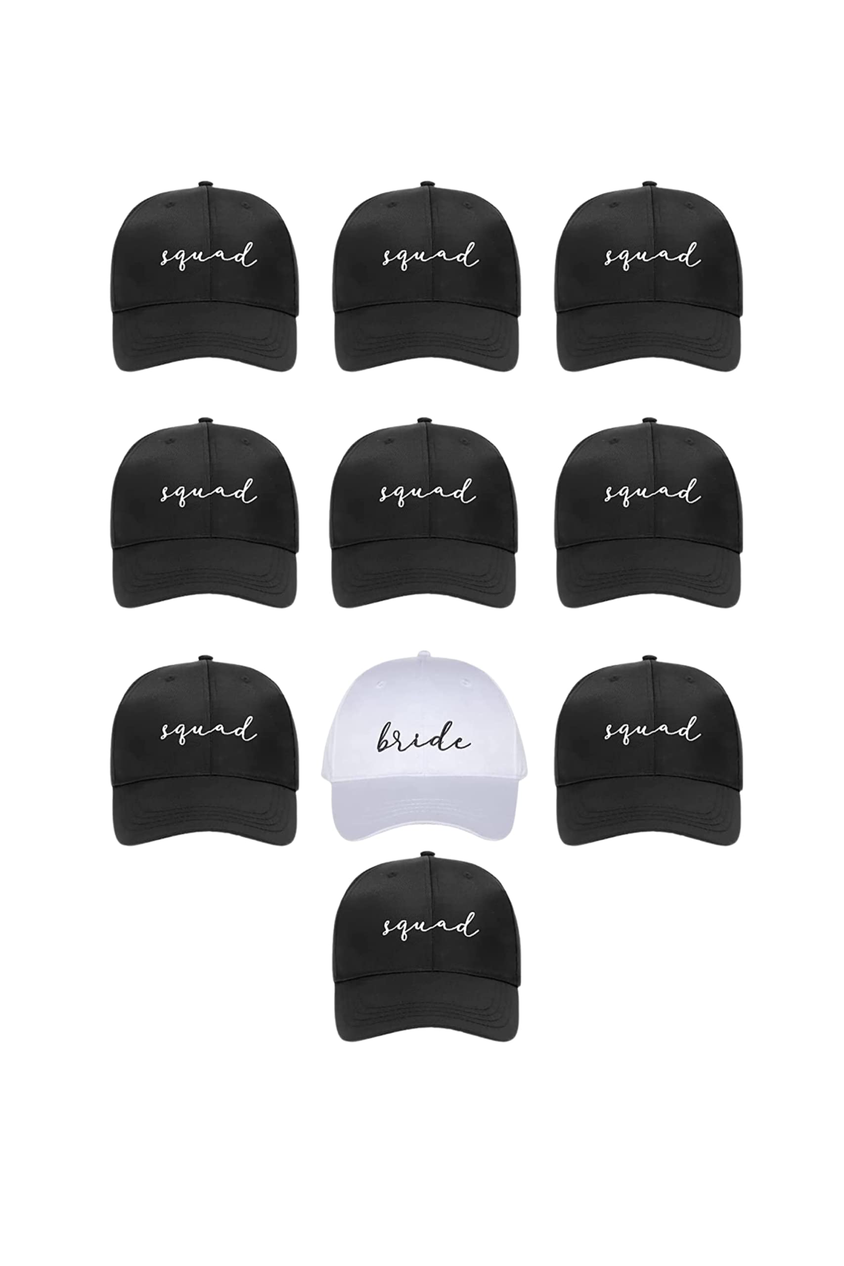 Pop Fizz Designs Bachelorette Hats ( 10 Pack) 1 White Bride Hat | 9 Black Squad Hats I Bride Tribe Baseball Caps I Bachelorette Party Favors