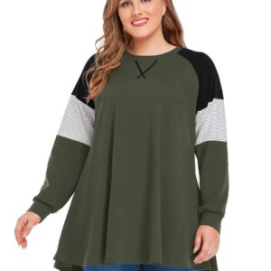 JollieLovin Crewneck Lightweight Sweatshirts for Women Plus Size Color Block Pullover Tops Long Sleeve Raglan Shirt ArmyGreen 3X