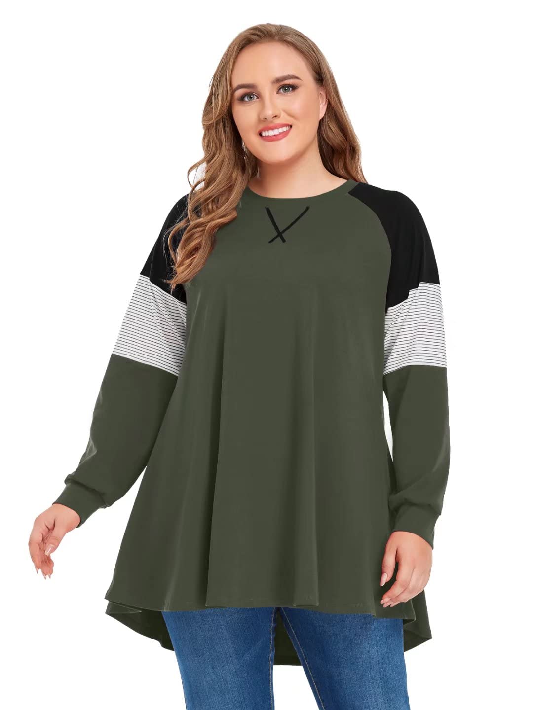 JollieLovin Crewneck Lightweight Sweatshirts for Women Plus Size Color Block Pullover Tops Long Sleeve Raglan Shirt ArmyGreen 3X