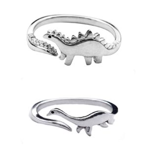 beccalame cute dinosaur promise ring opening adjustable matching ring for women besties ring (stegosaurus + long-necked dragon)