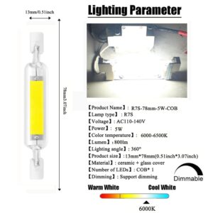 78mm R7S 5W LED Bulb 75W Halogen Equivalent 78mm J-Type 5W 120V R7S Base 6000K Cool White J Type T3 78mm Double Ended Flood Light Bulbs 360°Beam Angle Landscape Lights, Pack of 3