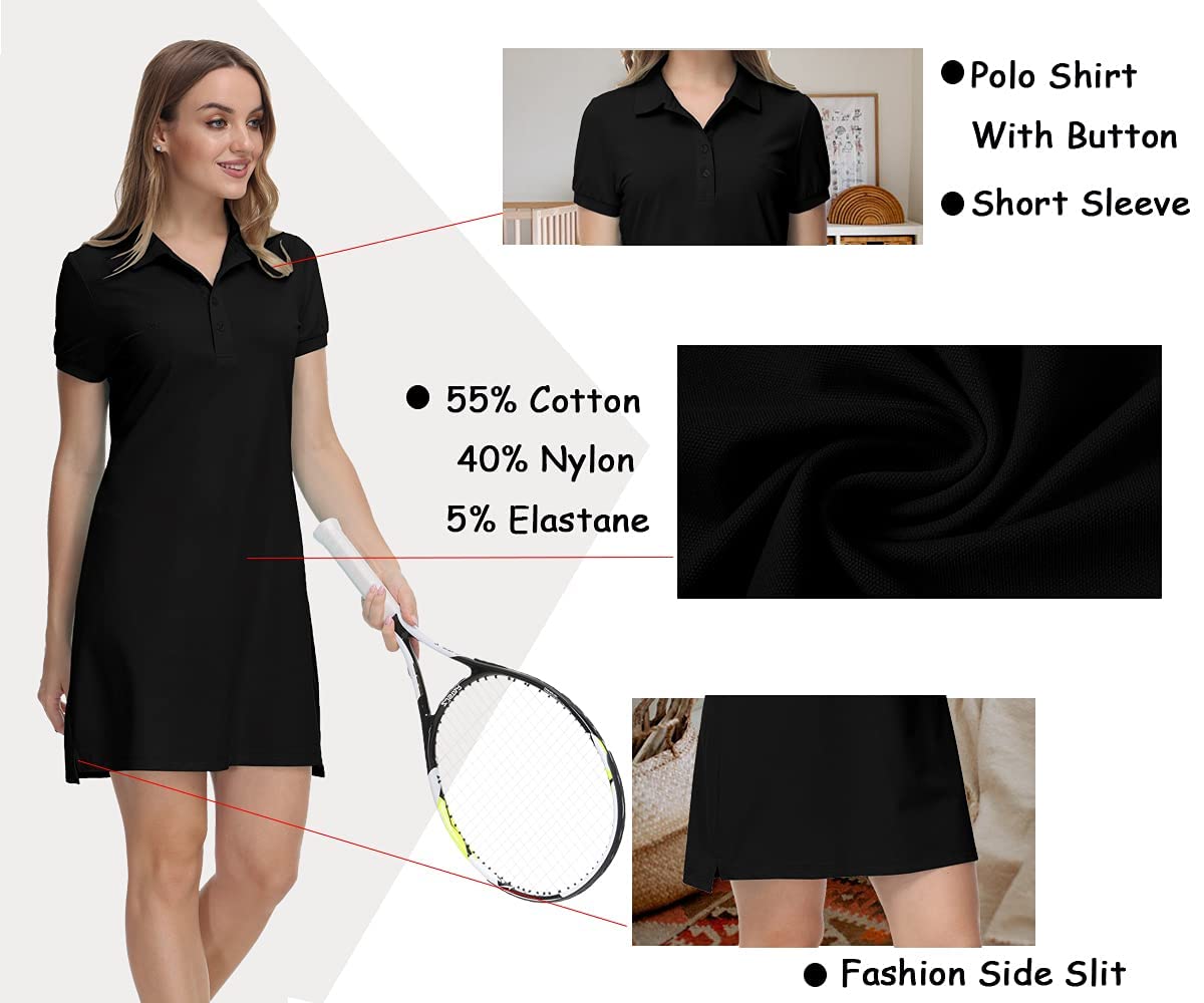 JINSHI Women’s Golf Dress Quick Dry Short Sleeve Polo Dress Tennis/Workout/Sport Dress Black Medium