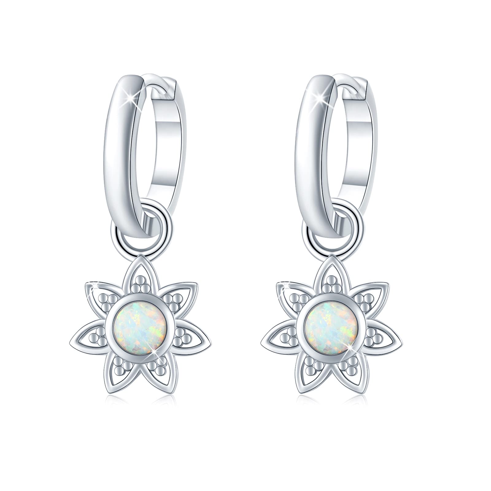 Lotus Earrings 925 Sterling Silver Opal Sunflower Hoop Opal Dangle Drop Earrings Huggie Hoop Jewelry Gifts for Women Teen