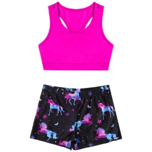 Moggemol Kids Girls 2 Piece Gymnastics/Dance/Sports Outfits Racerback Crop Top and Booty Shorts Swimwear Dark Night Black 3-4