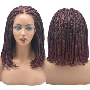 curve hair 3“x3.8 realistic hand tied lace front box braids glueless wig for women premium quality synthetic lightweight twist bob braided wigs with baby hair black mix wine red color (#1b/99jt)