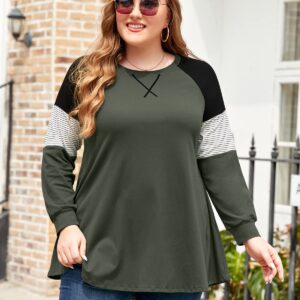 JollieLovin Crewneck Lightweight Sweatshirts for Women Plus Size Color Block Pullover Tops Long Sleeve Raglan Shirt ArmyGreen 3X