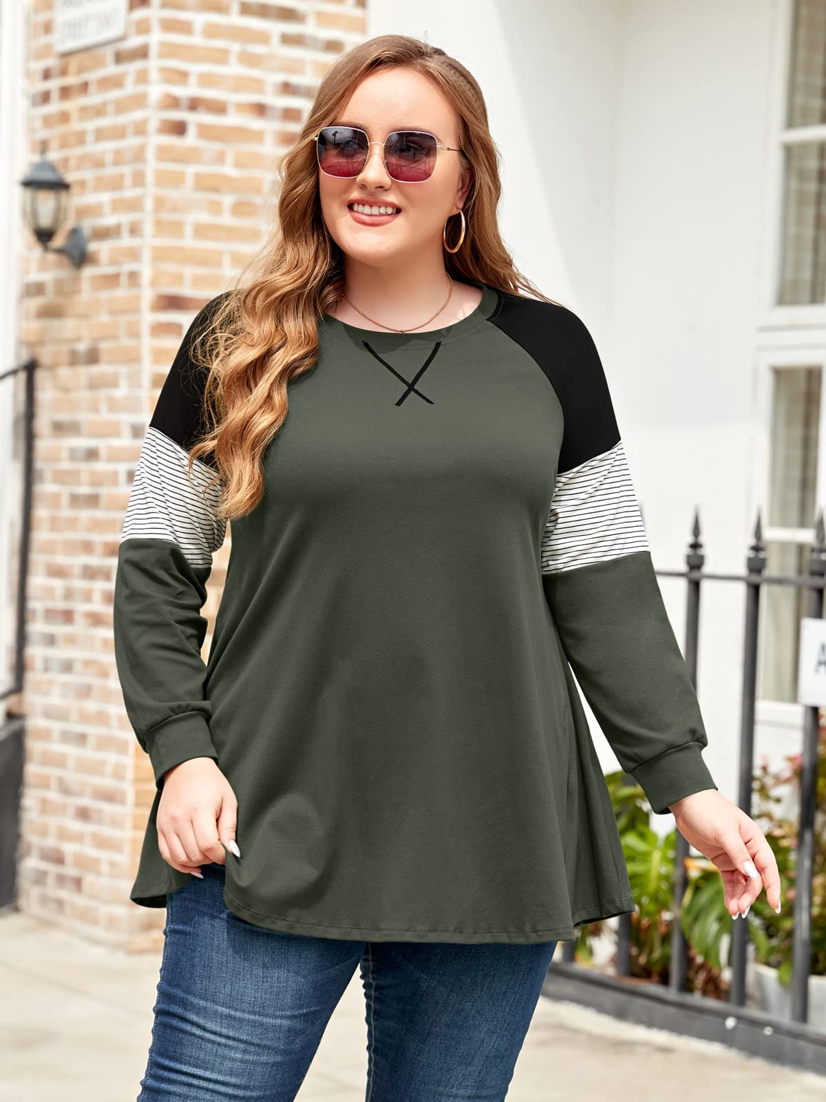 JollieLovin Crewneck Lightweight Sweatshirts for Women Plus Size Color Block Pullover Tops Long Sleeve Raglan Shirt ArmyGreen 3X