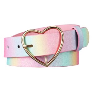 satinior rainbow belt pu leather waist belt women girls glitter belt with heart buckle adjustable shiny dress belt for jeans dress