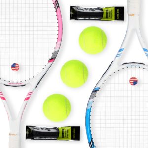 pro tennis racket for adults, 2 player 27 inch speed tennis racquet acceptable for beginner and professional with 3 tennis balls, 2 vibration dampes, 2 overgrips, tennis bag (pink-blue)