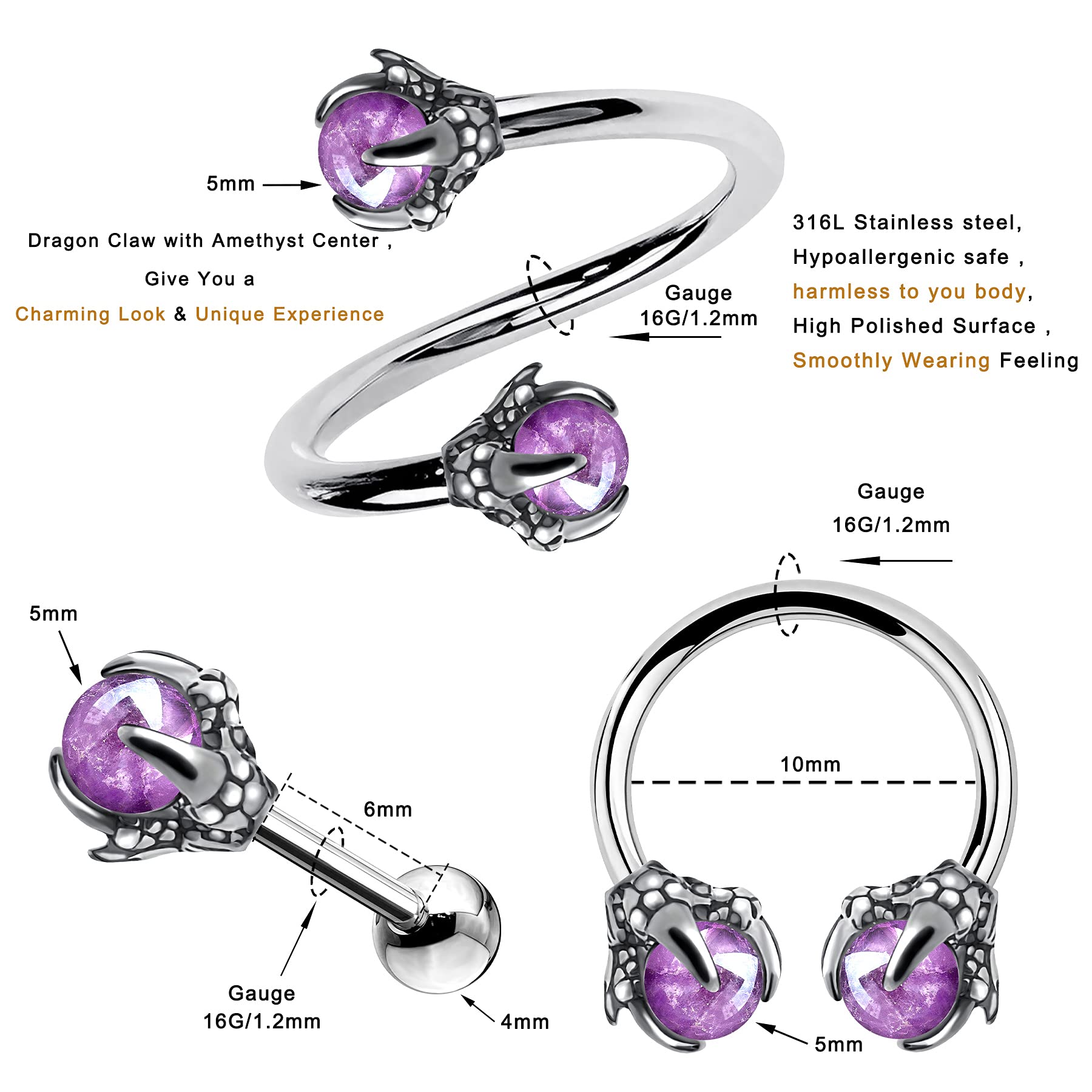 OUFER 3PCS Cartilage Earrings 316L Surgical Steel Mixed Earrings With Dragon Claw Twist Helix Earring Ear Body Piercing Jewelry Tragus Earring