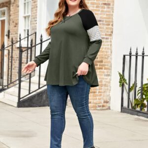 JollieLovin Crewneck Lightweight Sweatshirts for Women Plus Size Color Block Pullover Tops Long Sleeve Raglan Shirt ArmyGreen 3X