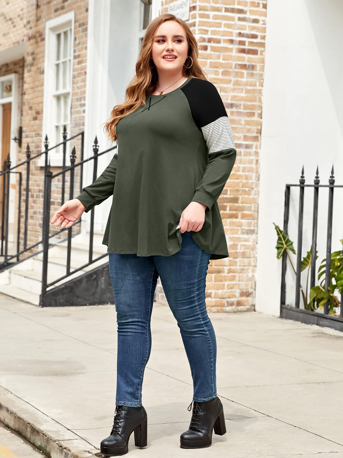 JollieLovin Crewneck Lightweight Sweatshirts for Women Plus Size Color Block Pullover Tops Long Sleeve Raglan Shirt ArmyGreen 3X