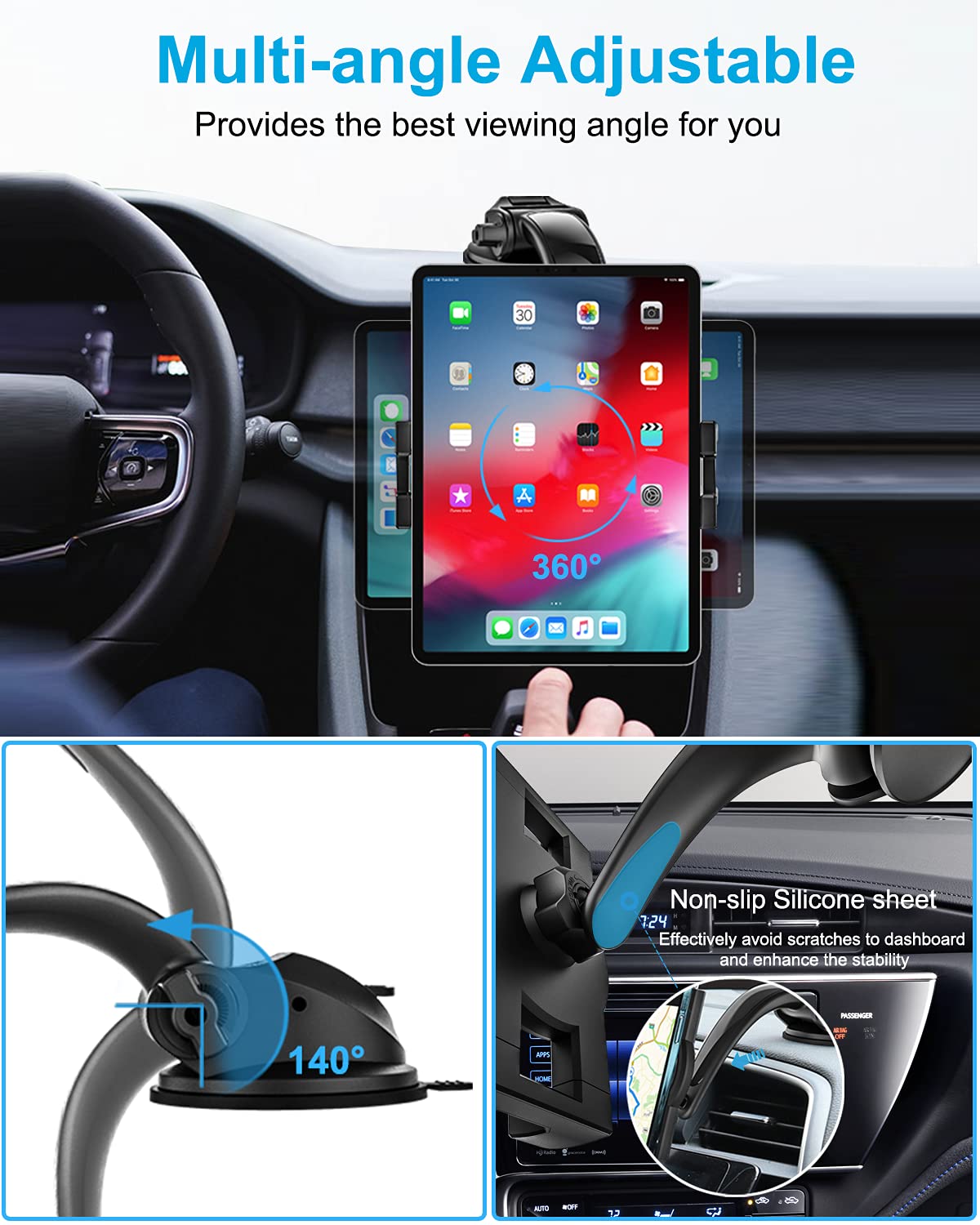 woleyi Car Dashboard Tablet Mount, Car Dash Tablet & Phone Holder with Strong Sticky Gel Suction Cup for iPad Pro 9.7, 11, 12.9 / Air/Mini, iPhone, Galaxy Tabs, More 4-13" Smart Phones and Tablets