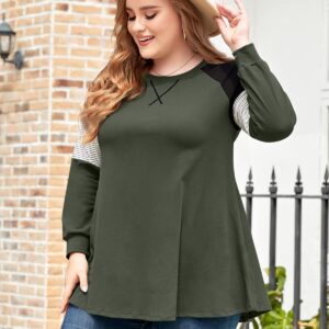 JollieLovin Crewneck Lightweight Sweatshirts for Women Plus Size Color Block Pullover Tops Long Sleeve Raglan Shirt ArmyGreen 3X