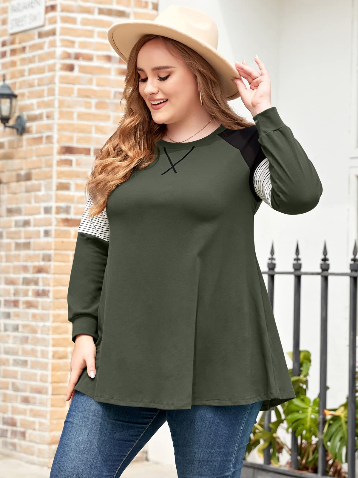 JollieLovin Crewneck Lightweight Sweatshirts for Women Plus Size Color Block Pullover Tops Long Sleeve Raglan Shirt ArmyGreen 3X