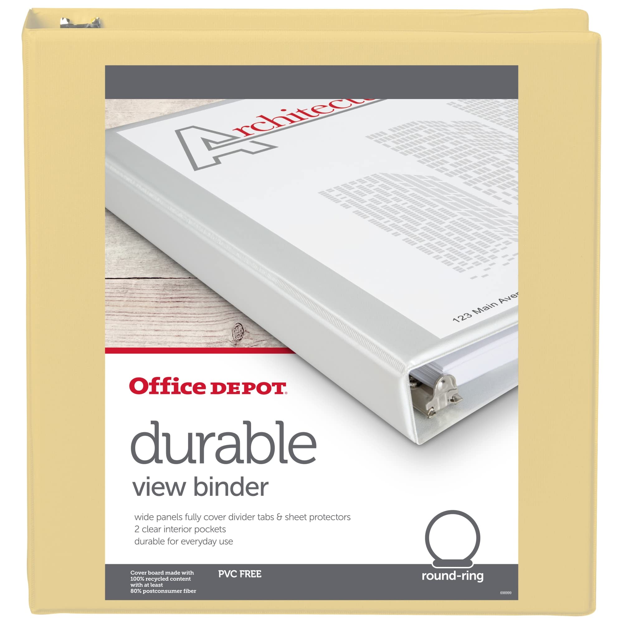 Office Depot® Brand 3-Ring Durable View Binder, 1-1/2" Round Rings, Yellow