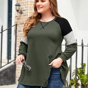 JollieLovin Crewneck Lightweight Sweatshirts for Women Plus Size Color Block Pullover Tops Long Sleeve Raglan Shirt ArmyGreen 3X