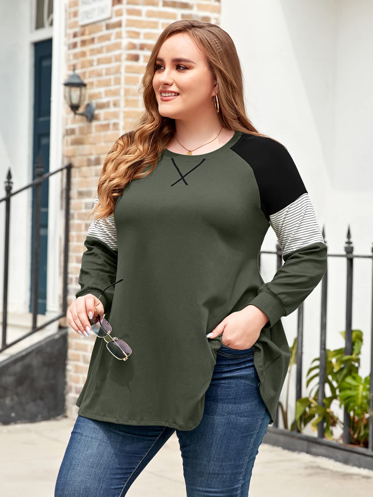 JollieLovin Crewneck Lightweight Sweatshirts for Women Plus Size Color Block Pullover Tops Long Sleeve Raglan Shirt ArmyGreen 3X