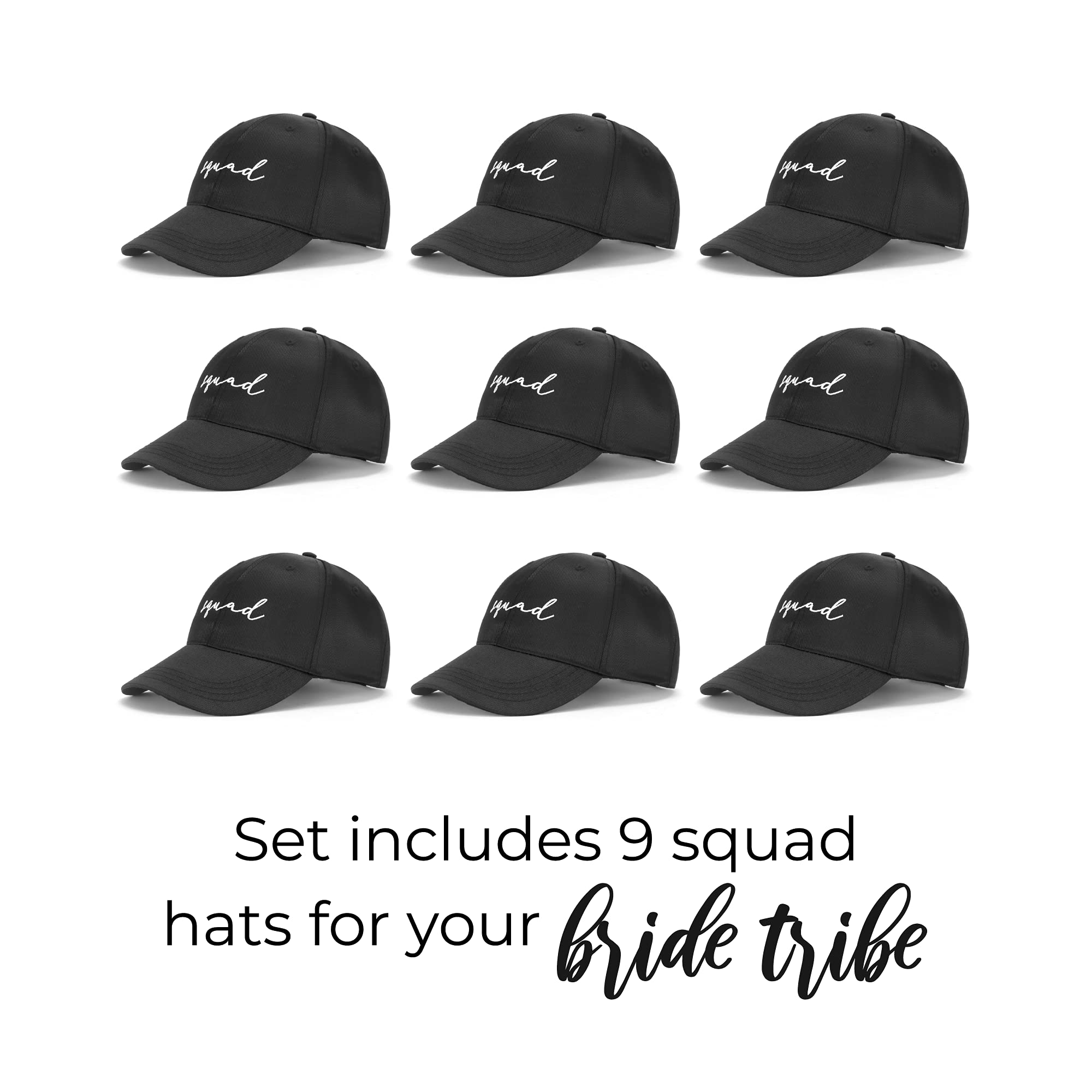 Pop Fizz Designs Bachelorette Hats ( 10 Pack) 1 White Bride Hat | 9 Black Squad Hats I Bride Tribe Baseball Caps I Bachelorette Party Favors