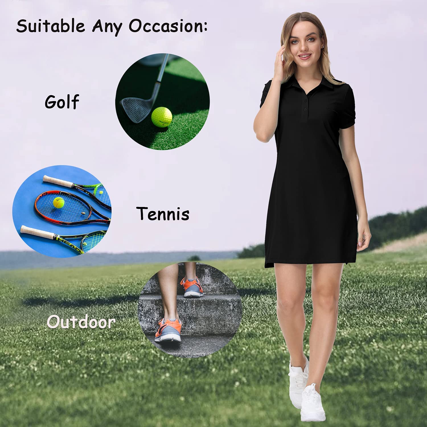 JINSHI Women’s Golf Dress Quick Dry Short Sleeve Polo Dress Tennis/Workout/Sport Dress Black Medium